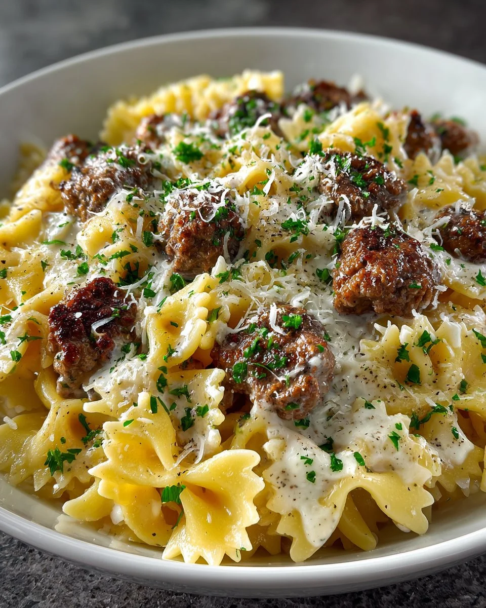 Beef and Bowtie Pasta with Alfredo Sauce