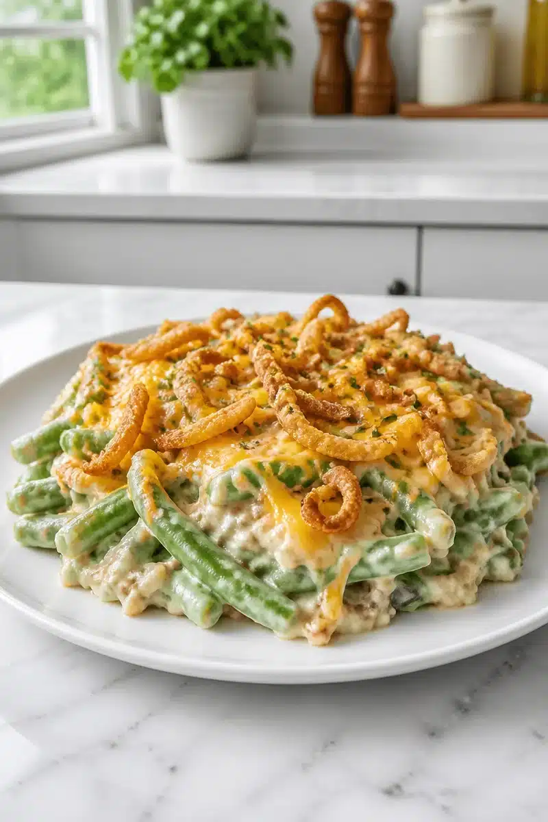 Creamy Cheddar And Garlic Green Bean Casserole