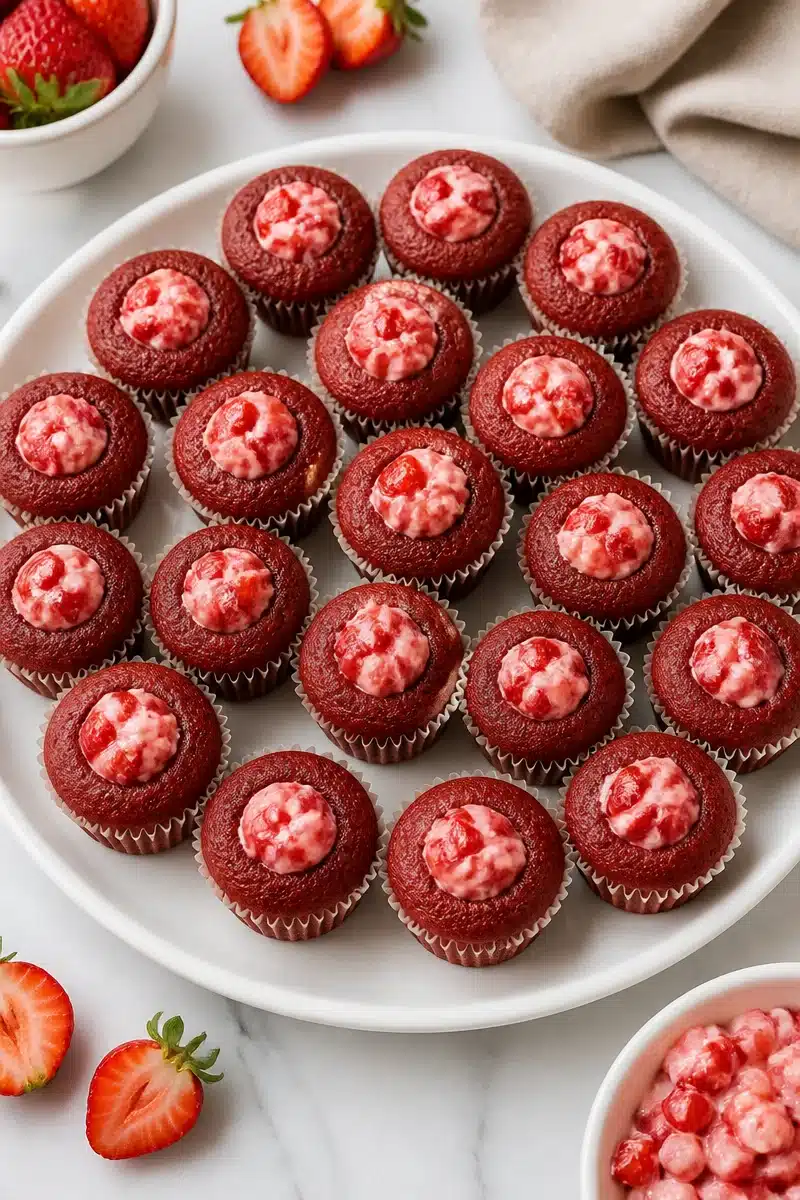 Mini Strawberry Filled Red Velvet Cupcakes